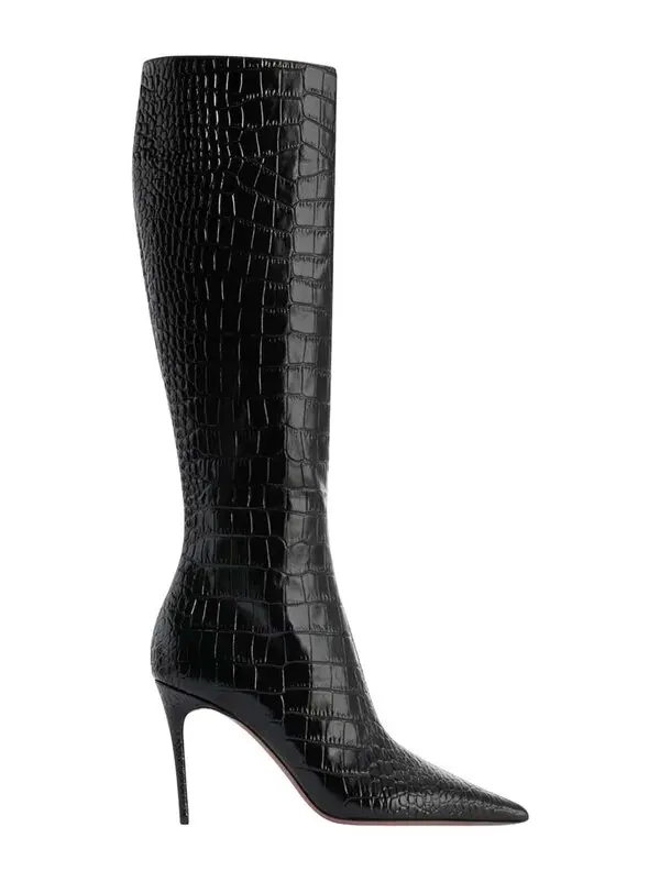 Paris Texas Knee-high Croc Effect Stiletto Boots - Black