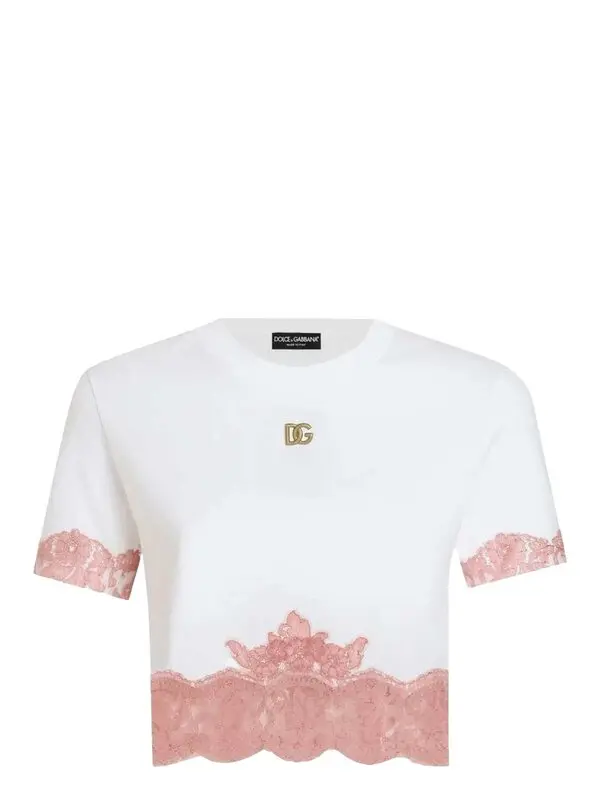 Dolce & Gabbana Lace Trimmed Dg Logo Cropped T-shirt - White