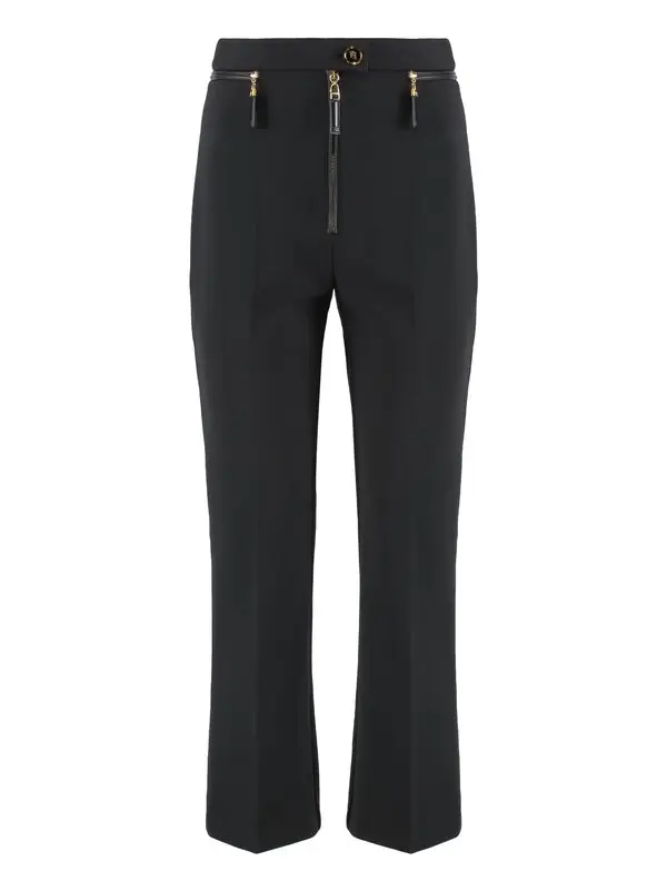 Elisabetta Franchi Double Crepe Trousers With Tonal Piping And Enamel Logo Button - Black