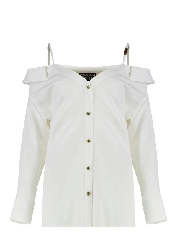 Versace Off-shoulder Shirt With Embellished Buttons - White