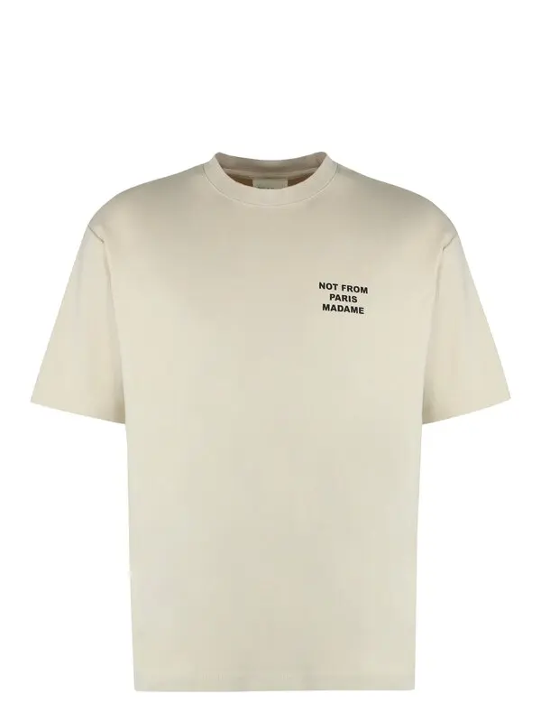Drole De Monsieur Slogan Cotton Crew-neck T-shirt - Beige
