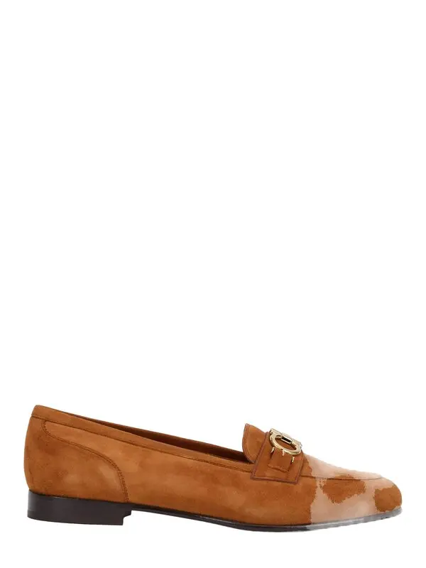 FERRAGAMO Suede Moccasins With Gancini Hook Detail - Camel