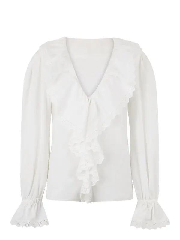 Alberta Ferretti Cotton Poplin Blouse With Ruffle And San Gallo Lace - White