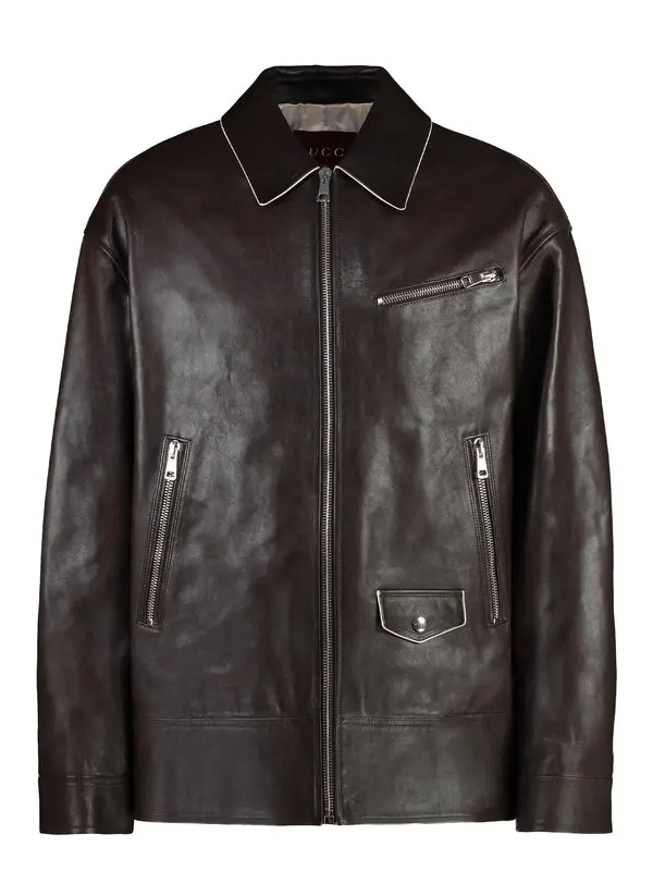 Gucci Lamb & Calf Leather Zip-up Jacket With Contrasting Details - Brown