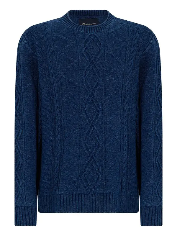 Gant Cable Knit Cotton Crew Neck Sweater - Blue
