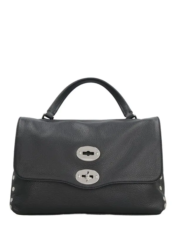 ZANELLATO Postman Grainy Calf Leather Handbag With Studded Flap And Crossbody Strap - Black