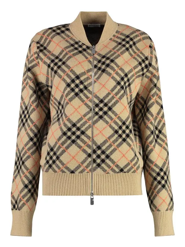 Burberry Cashmere Zip Cardigan With Checkered Pattern - Beige