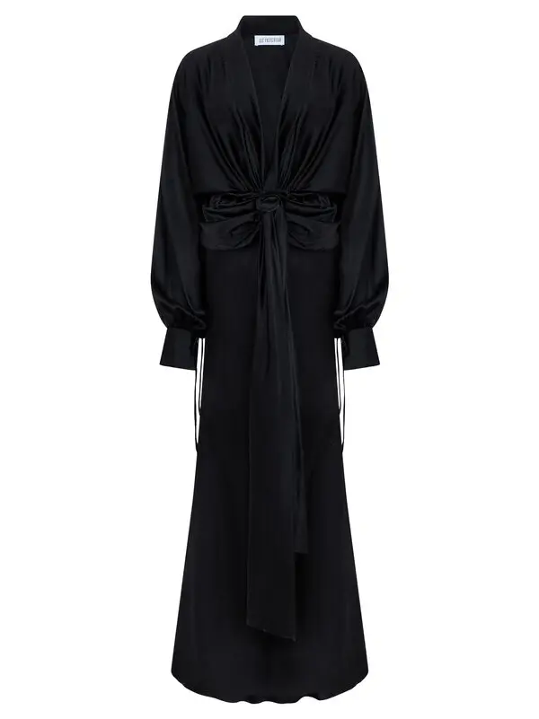 LES FILLES D'EVA Long Draped Satin Evening Gown With Plunge Neckline And Long Sleeves - Black
