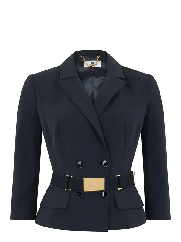 Elisabetta Franchi Stretch Fabric Fitted Jacket With Waist Belt - Black