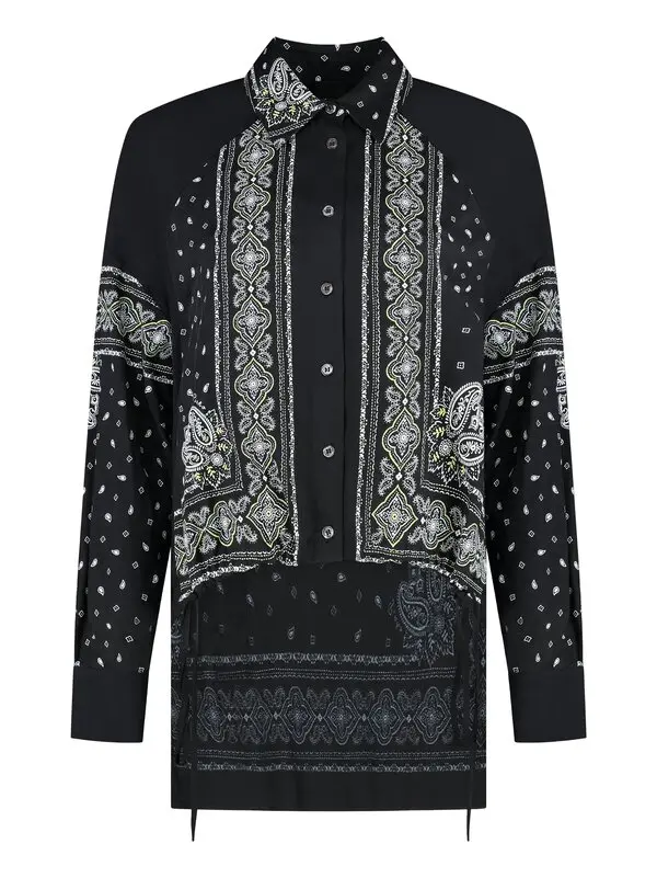 Pinko Printed Viscose Shirt With Bandana Motif And Drawstring Hem - Black