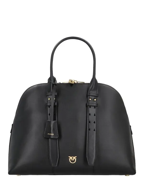 Pinko Maxi Leather Bowling Handbag With Double Zip Padlock Detail And Double Handle - Black