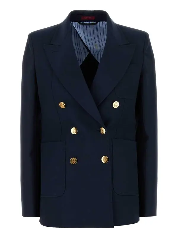 Gucci Cotton Double-breasted Blazer With Notched Lapel And Back Slit - Blue