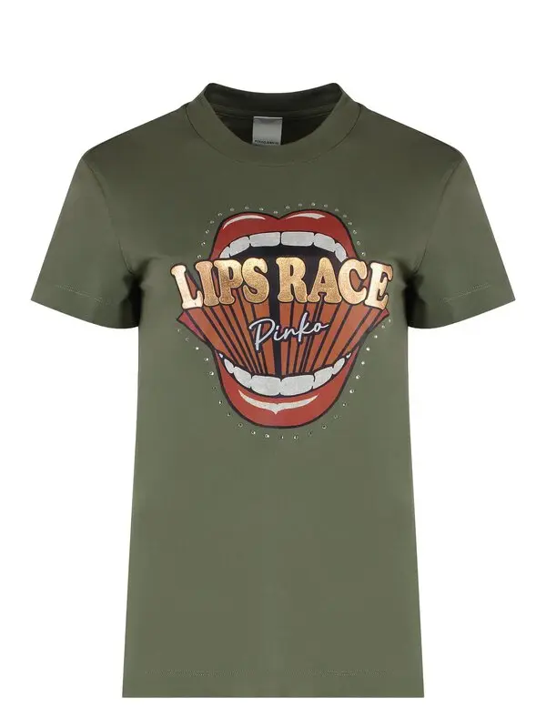 Pinko Rhinestone Embellished Graphic Print Cotton Crewneck T-shirt - Green