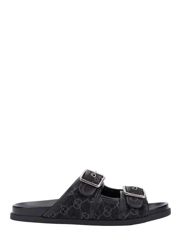 Gucci Denim Slider Sandals With Double Buckle Closure - Black