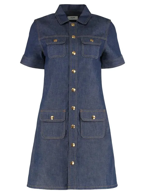 Celine Mini Shirt Dress In Raw Wash - Denim