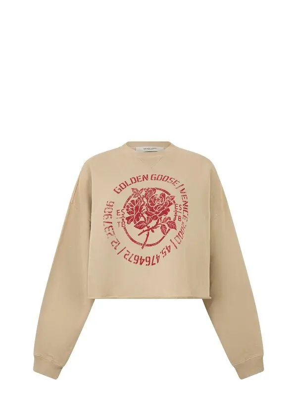 GOLDEN GOOSE Cropped Cotton Sweatshirt With Logo Print - Beige