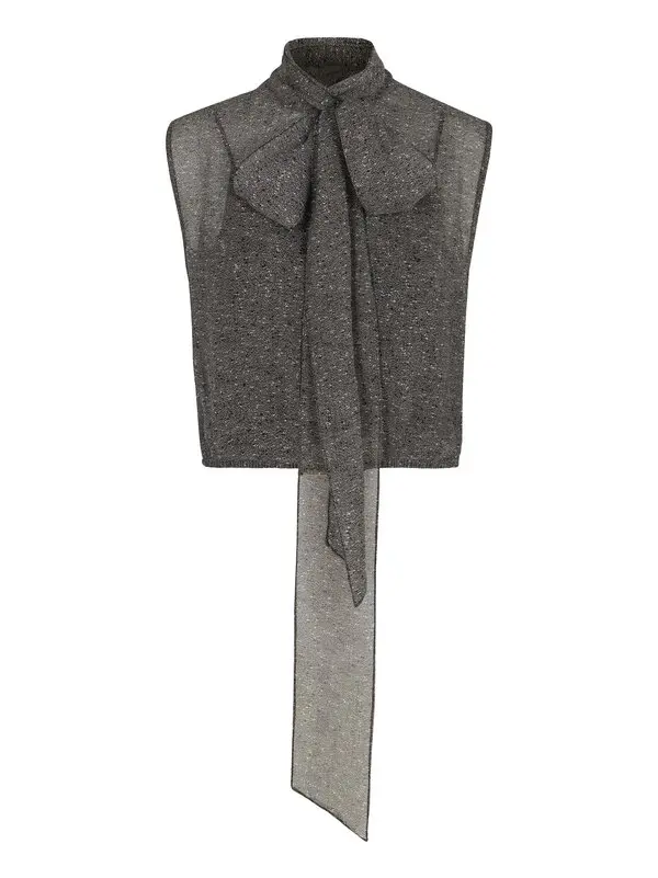 Gucci Silk Georgette Sleeveless Top With Floor-length Bow And Buttoned Print - Grey