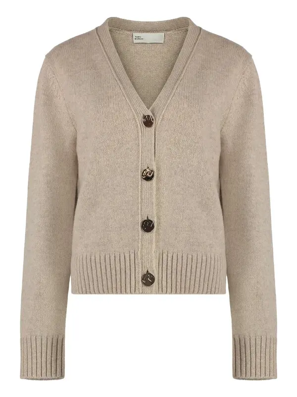 Tory Burch Wool Cardigan With Ribbed Edges - Beige
