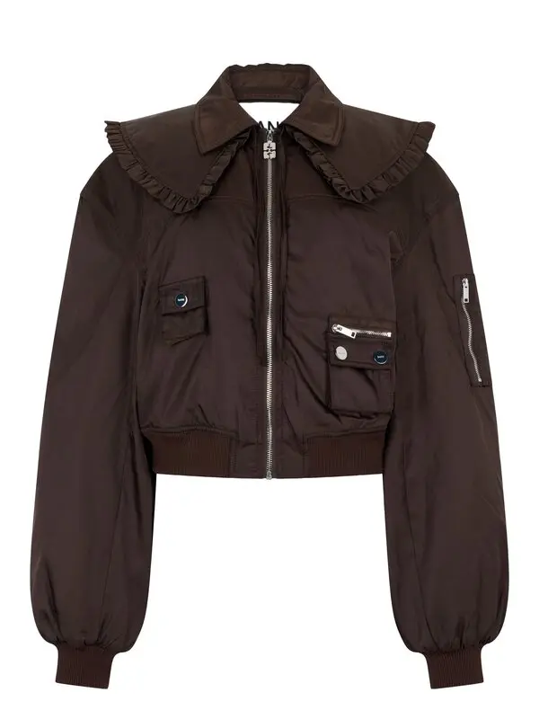 GANNI Nylon Duchess Bomber Jacket With Ruffle Collar - Brown