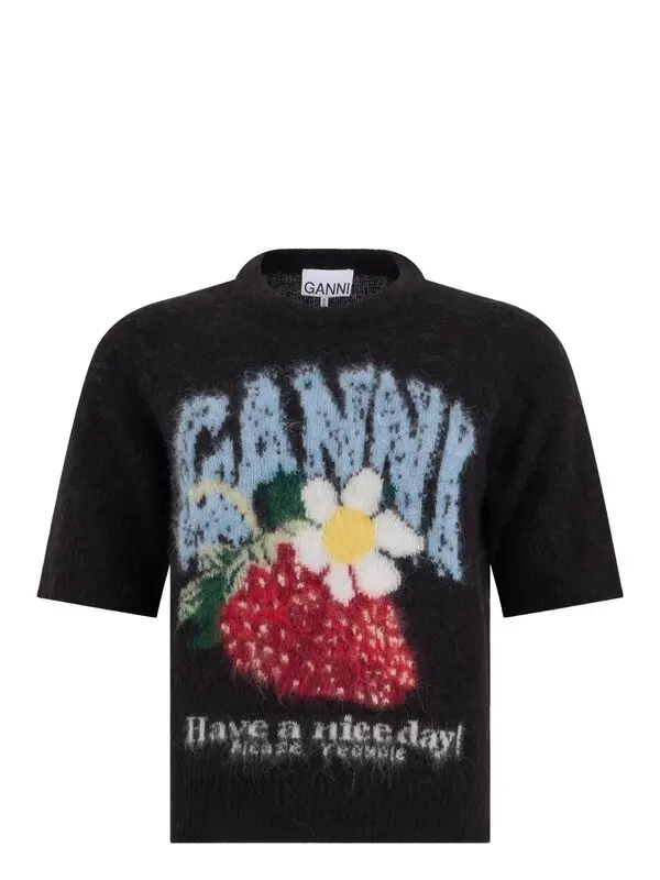 GANNI Short Sleeve Graphic Sweater - Black
