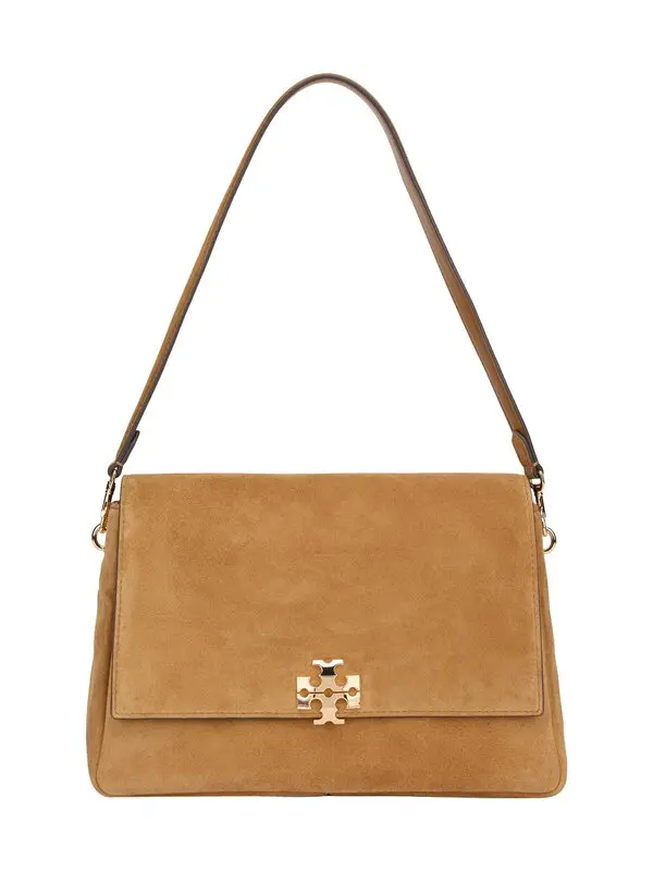 Tory Burch Suede Shoulder Bag With Metallic Detail - Camel