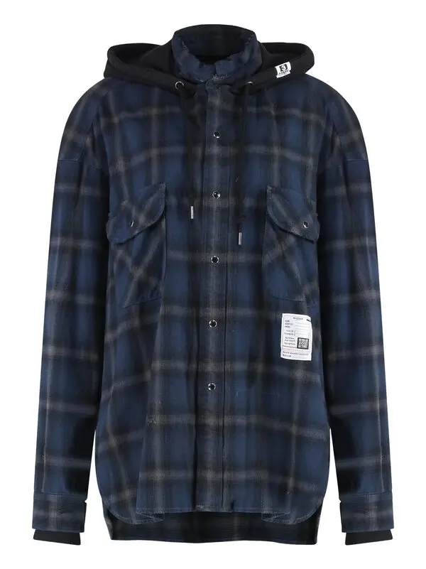 Mihara Yasuhiro Hooded Distressed Check Print Cotton Shirt - Blue