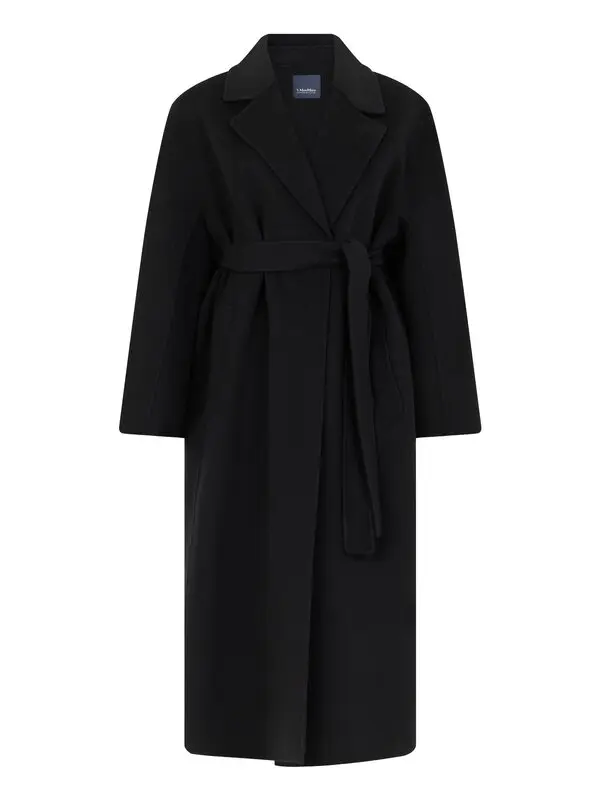 Max Mara Long Belted Wool Coat With Elegant Collar - Black