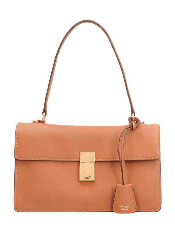 Prada Soft Calf Leather Shoulder Bag With Logo Charm - Saddle Brown