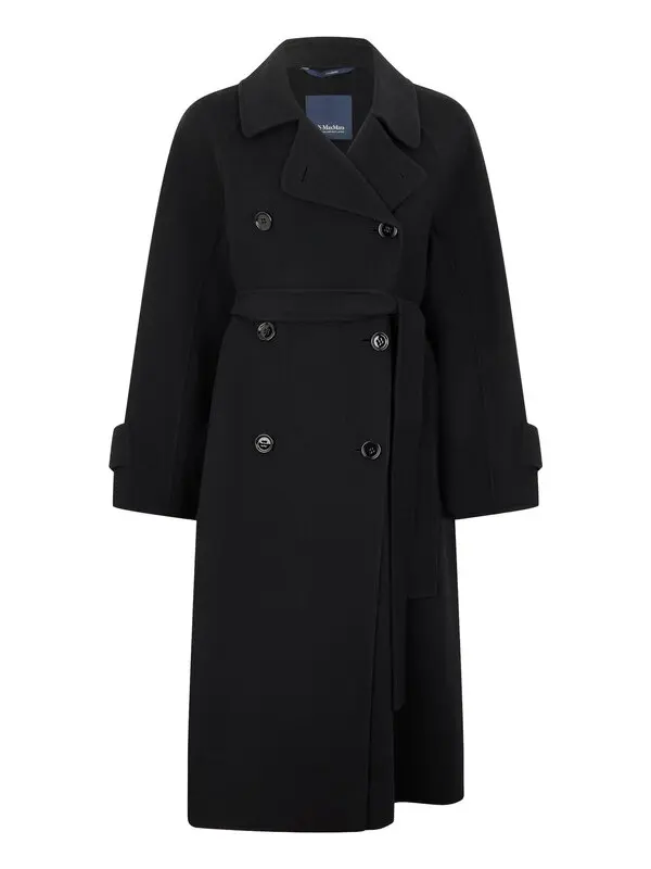 Max Mara Long Virgin Wool Double-breasted Coat With Belt - Black