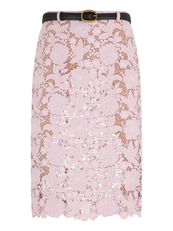 SELF-PORTRAIT Floral Lace Midi Skirt With Contrast Waistband - Pink