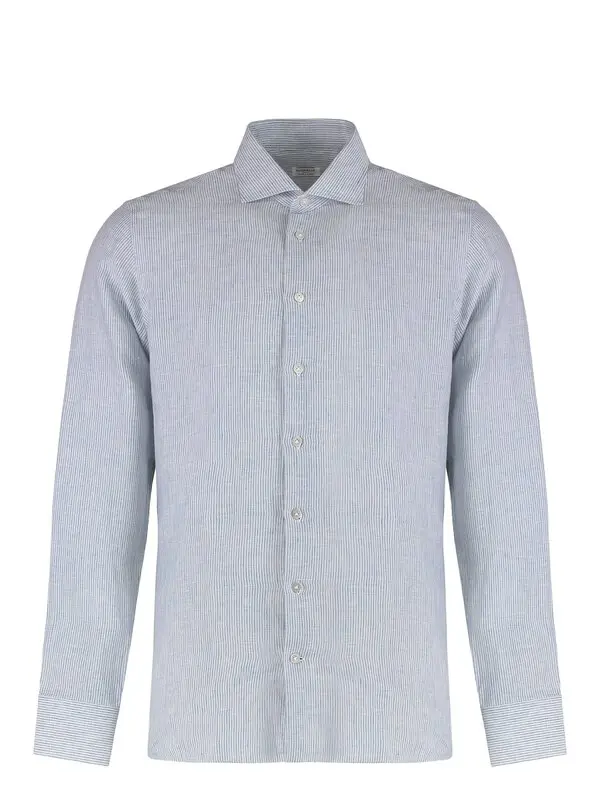 BORRIELLO NAPOLI Striped Linen Shirt With Rounded Hem - Light Blue