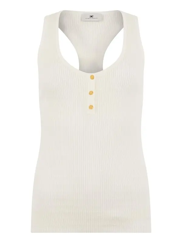 Elisabetta Franchi Ribbed Deep V-neck Button Tank Top - White