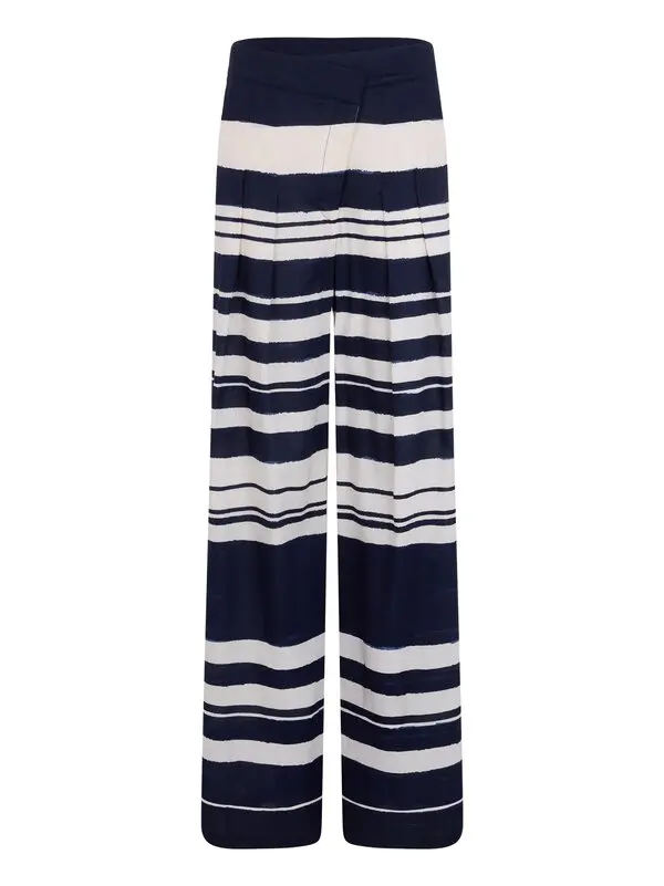 Veronica Beard Printed Linen-blend Wide-leg Pants With Crossover Belt - Blue