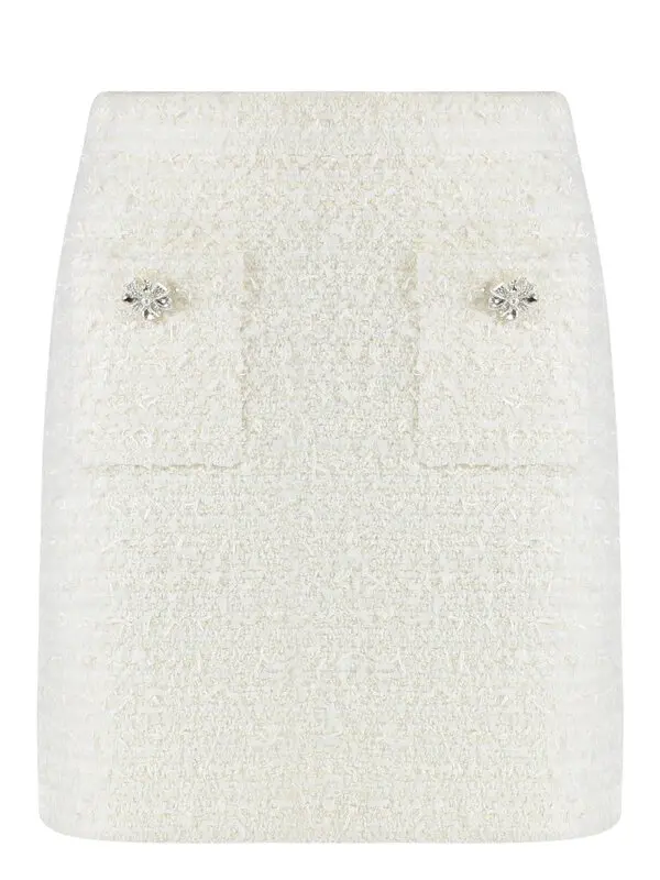 SELF-PORTRAIT Rhinestone Button Knit Mini Skirt - Panna