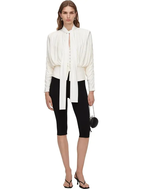 SELF-PORTRAIT Inspired Pussy Bow Button-front Shirt With Removable Shoulder Pads - Bianco
