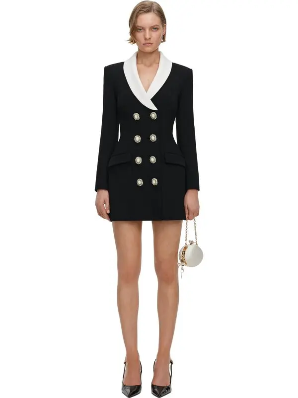 SELF-PORTRAIT Wool Crepe Dress With Contrasting Collar - Nero
