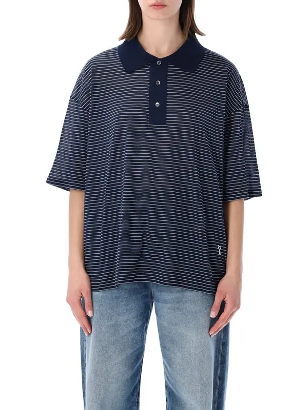 AMI Paris Striped Mercerized Cotton Polo With Boxy Fit And Mother-of-pearl Buttons - Blu