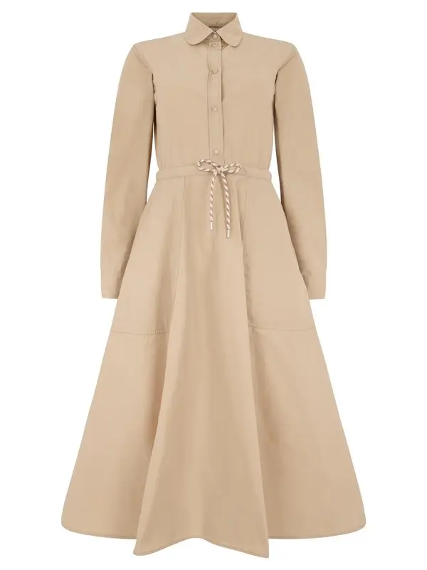 Moncler Midi Shirtdress In Poplin With Long Sleeves And Tailored Waist - Beige