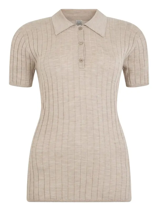 TOTEME Ribbed Silk & Cashmere Polo Sweater - Beige