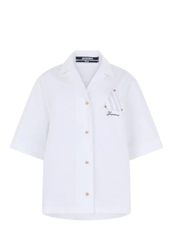 Jacquemus Short Sleeve Cotton Shirt With Classic Collar And Applique - White