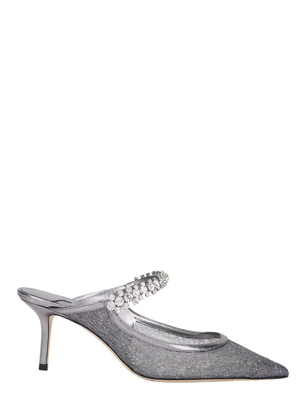 JIMMY CHOO Pointed Toe Kitten Heel Shoe With Rhinestone Strap - Silver