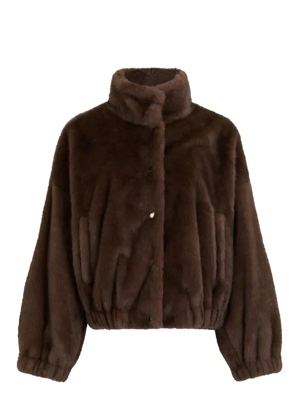 Max Mara Faux Fur High Collar Cropped Jacket - Brown