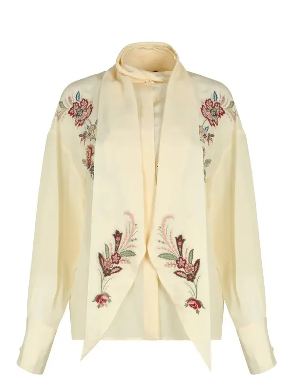 Etro Silk Crepe De Chine Floral Print Tie Neck Blouse - Ivory