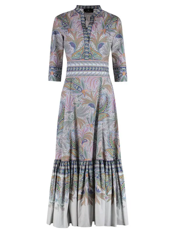 Etro Printed Cotton Midi Dress With 3/4 Sleeves - Multicolor