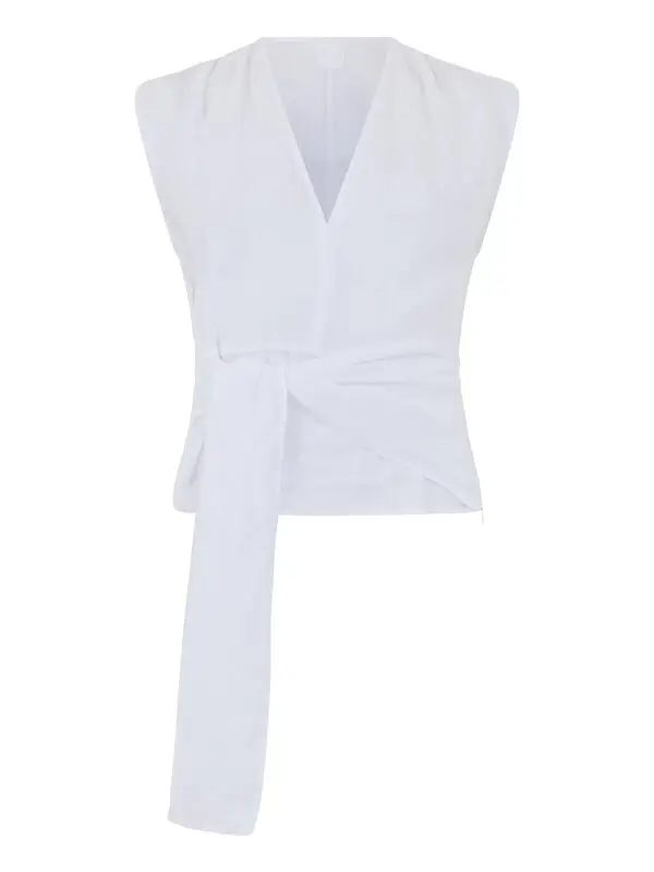 120% Lino Linen Sleeveless Blouse With V-neck And Knot Tie Belt - White