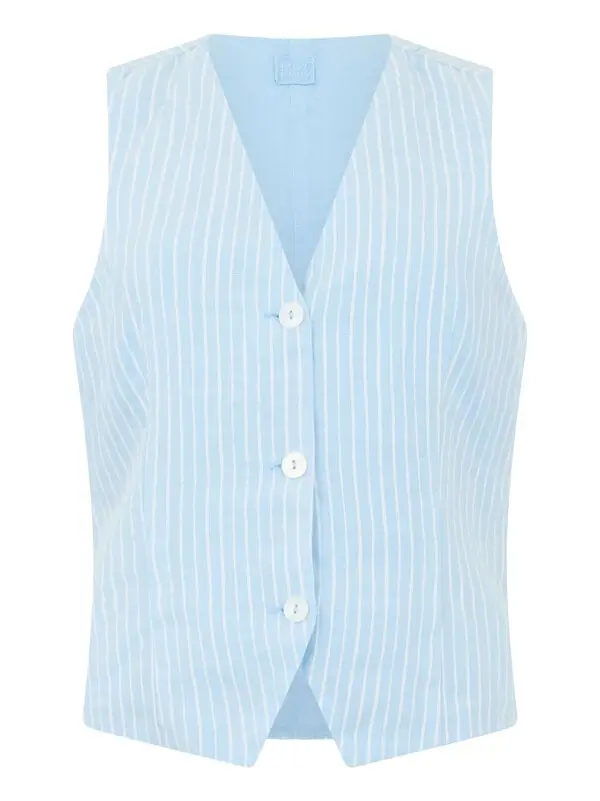120% Lino Tailored Linen Gilet With V-neck And Button Front - Light Blue