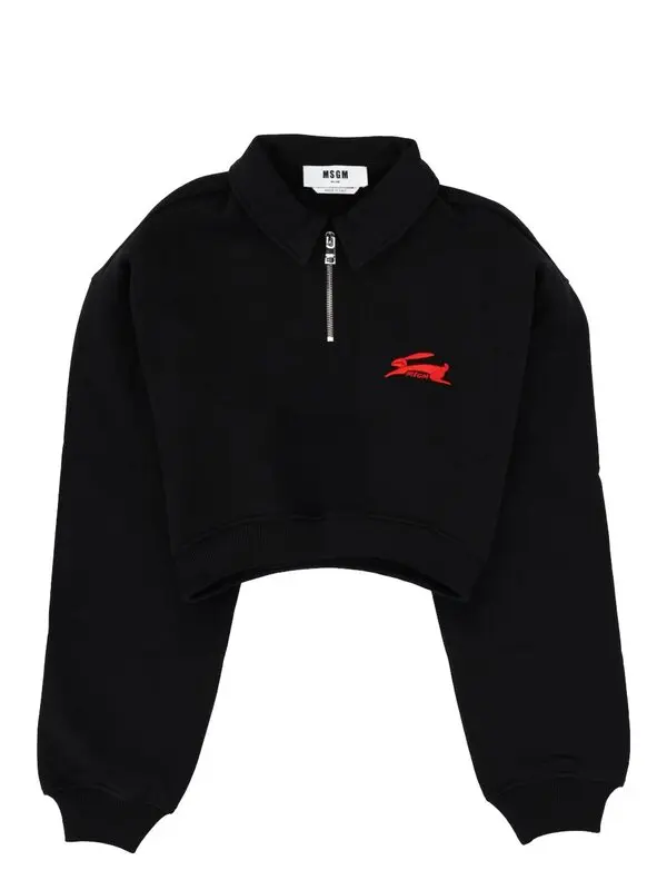 MSGM Cotton Quarter Zip Sweatshirt With Embroidered Detail - Black