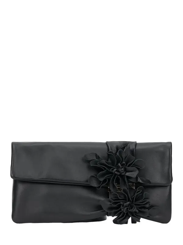 JIMMY CHOO Lambskin Leather Clutch With Floral Detail - Black