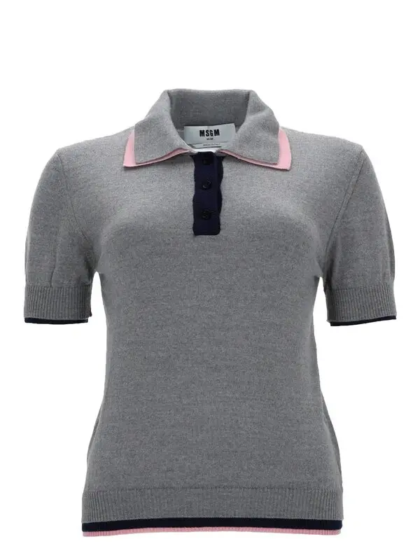 MSGM Merino Wool Short Sleeve Knit Polo Top - Grey