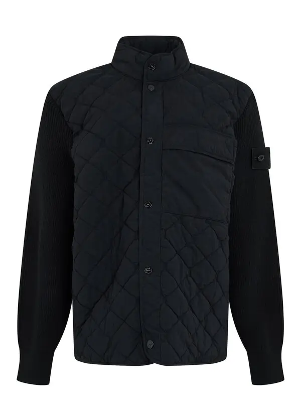 Stone Island Quilted Jacket With High Collar And Long Knitted Sleeves - Black